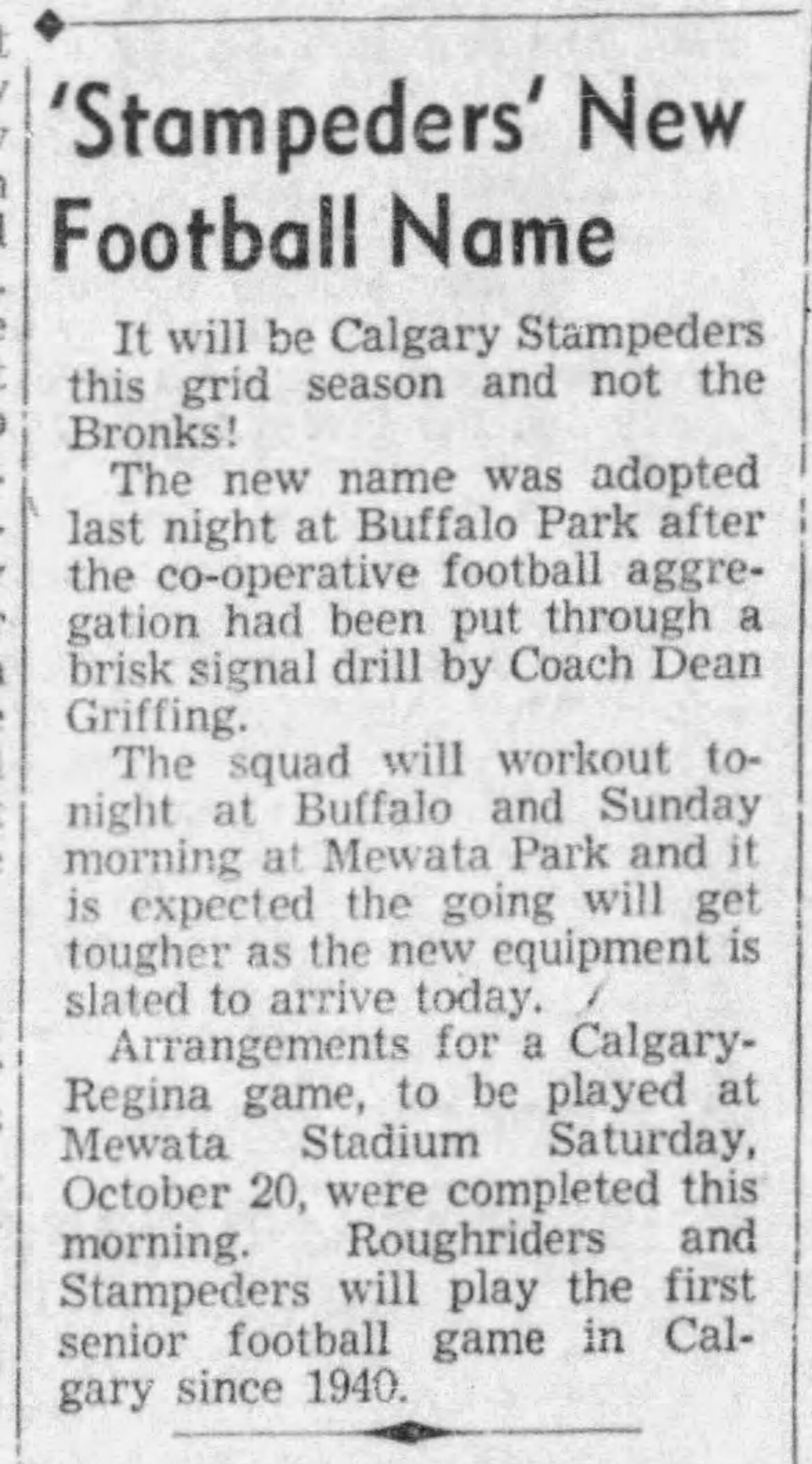“Stampeders” New Football Name - Canadian Football History