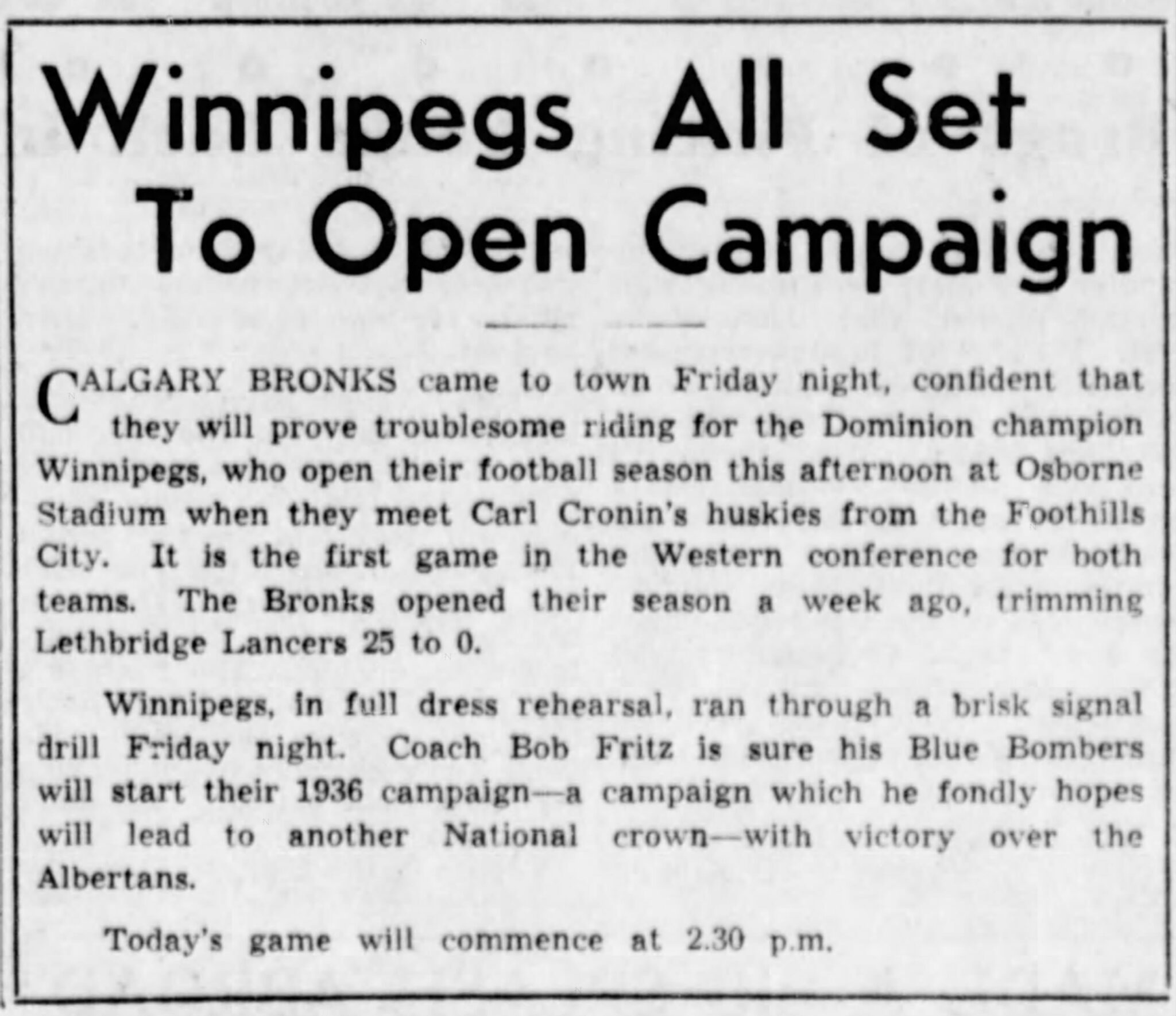 The Blue Bombers of Western Football - Canadian Football History
